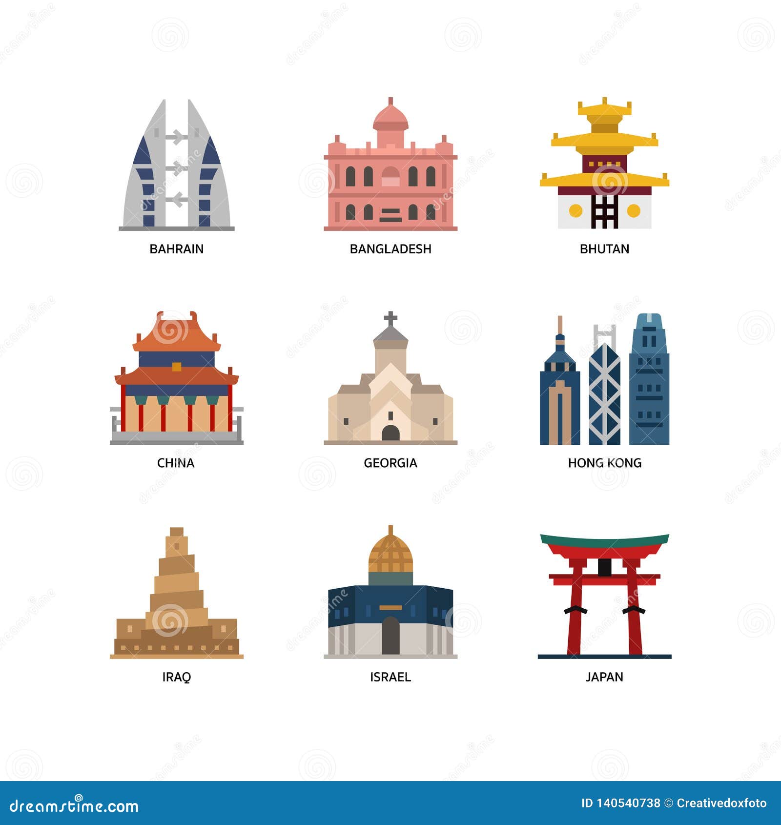 Asian Cities and Counties Landmarks Icons Set Stock Vector ...