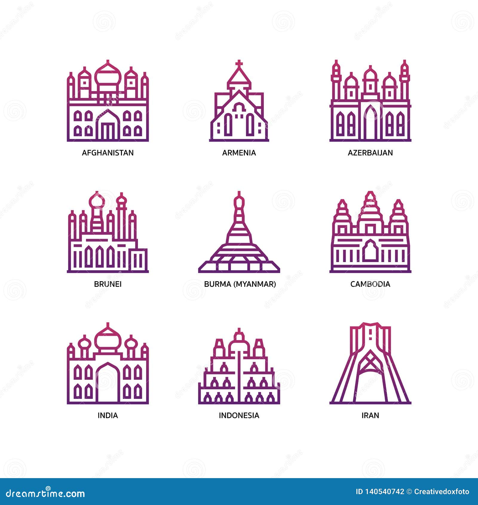 Asian Cities And Counties Landmarks Icons Set Vector Illustration ...