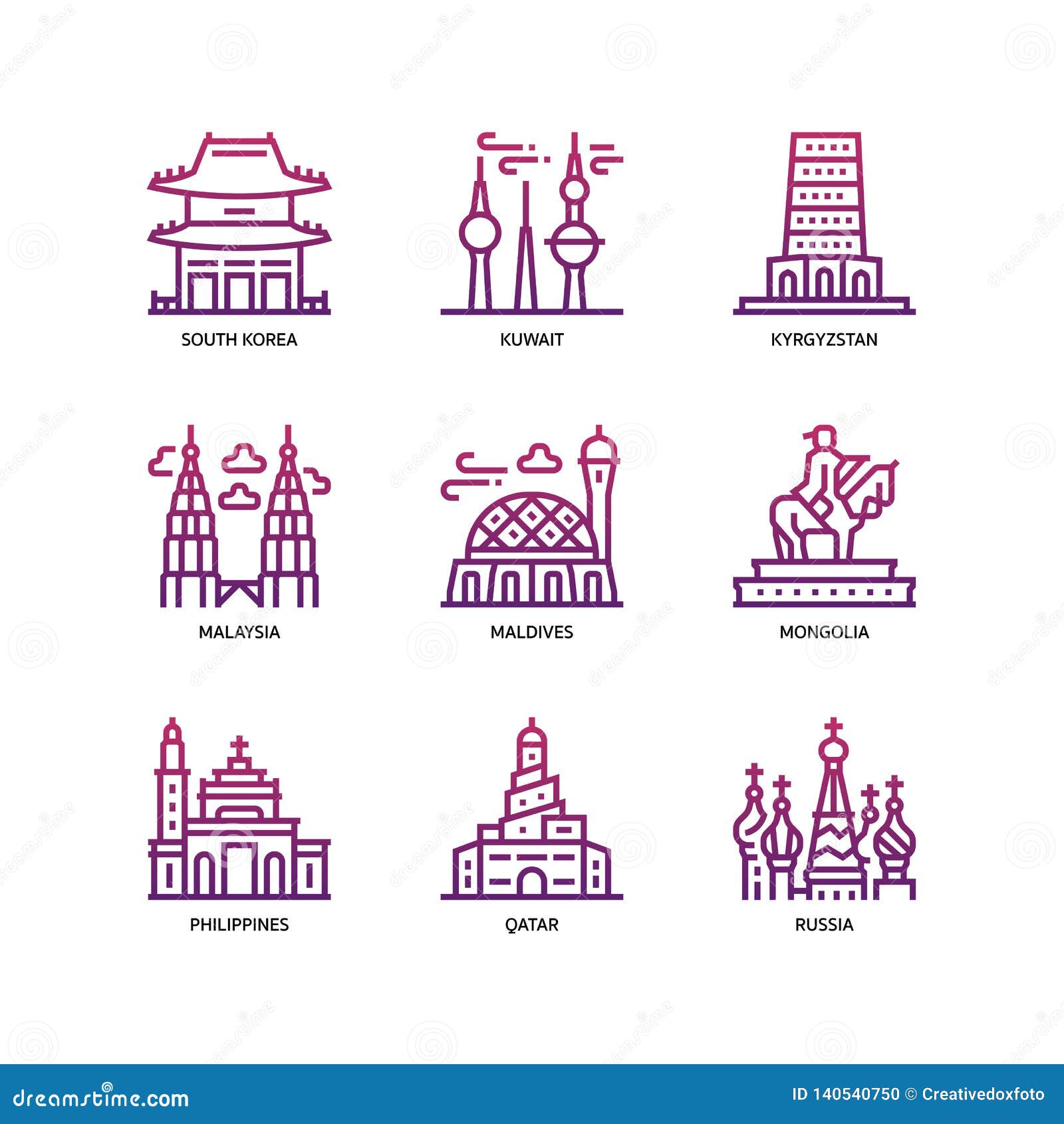 Asian Cities And Counties Landmarks Icons Set Cartoon Vector ...