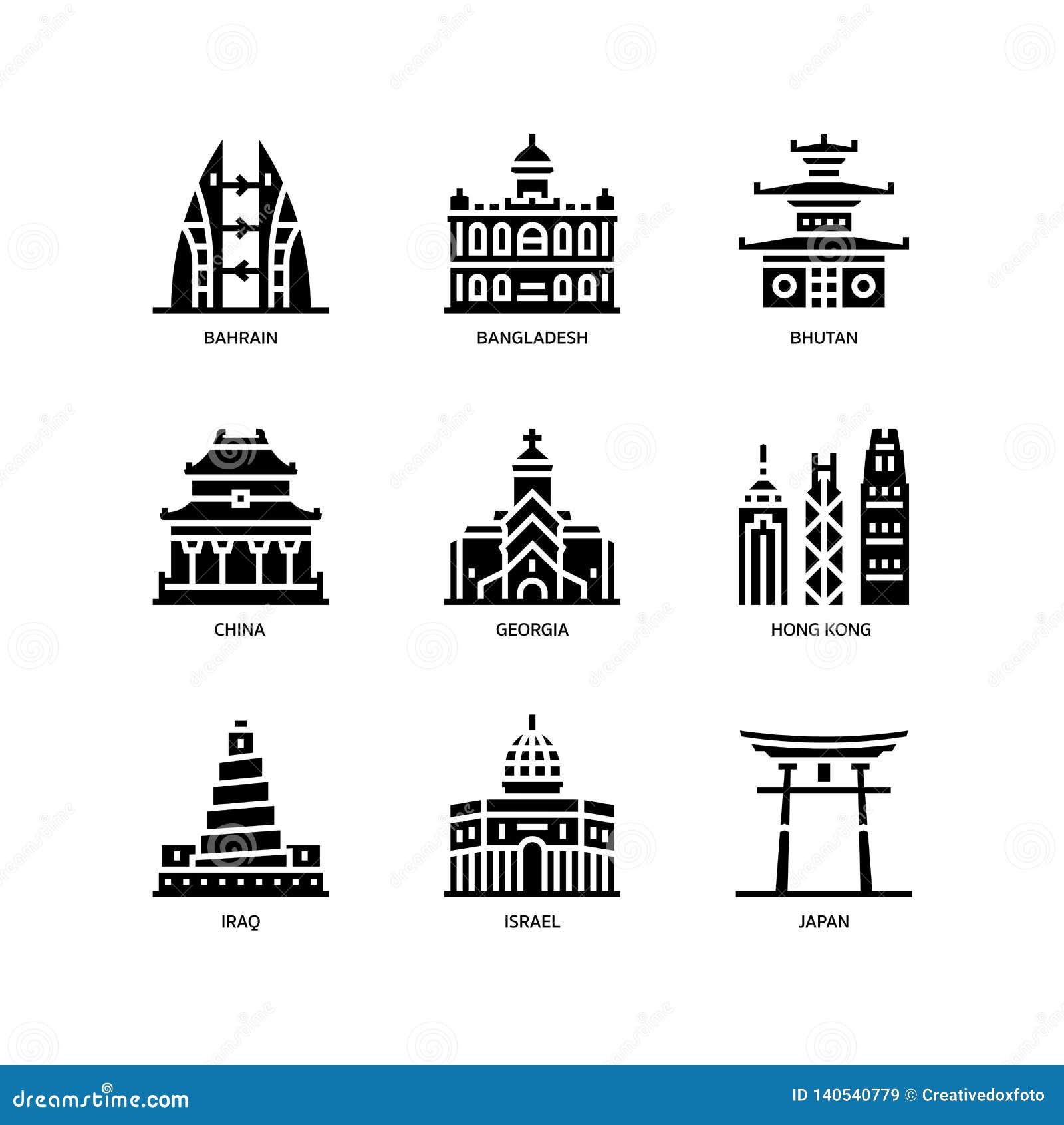 Asian Cities and Counties Landmarks Icons Set Stock Vector ...