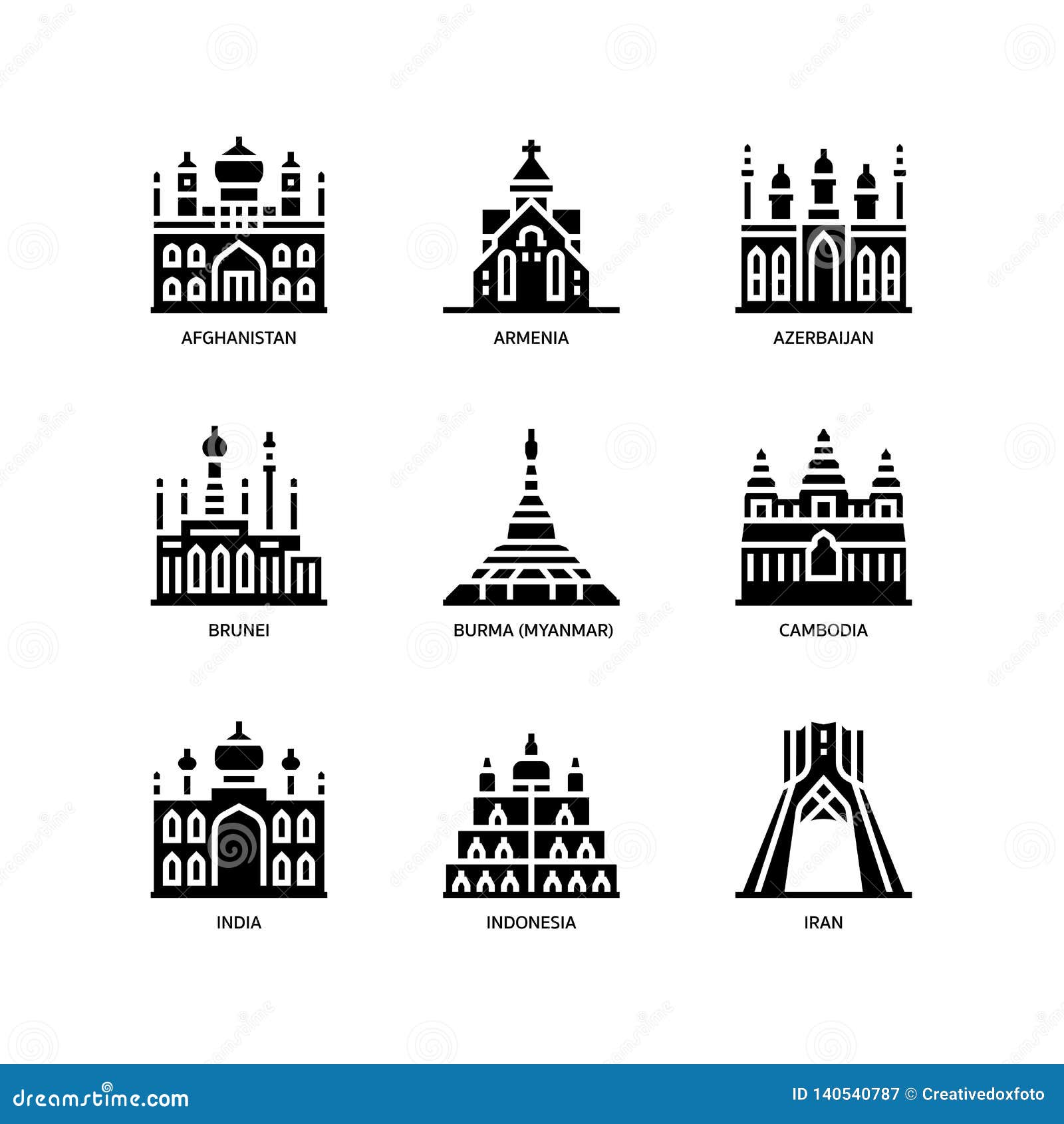 Asian Cities And Counties Landmarks Icons Set Vector Illustration ...