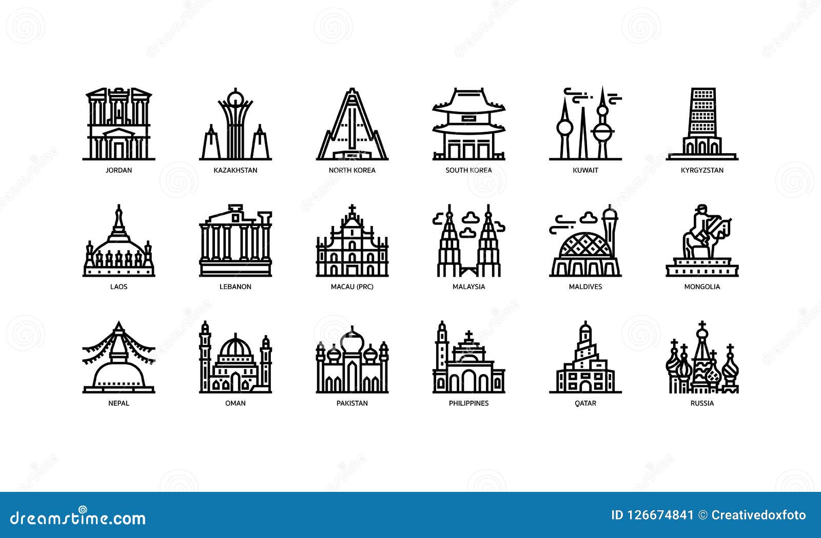 Asian Cities And Counties Landmarks Icons Set Vector Illustration ...