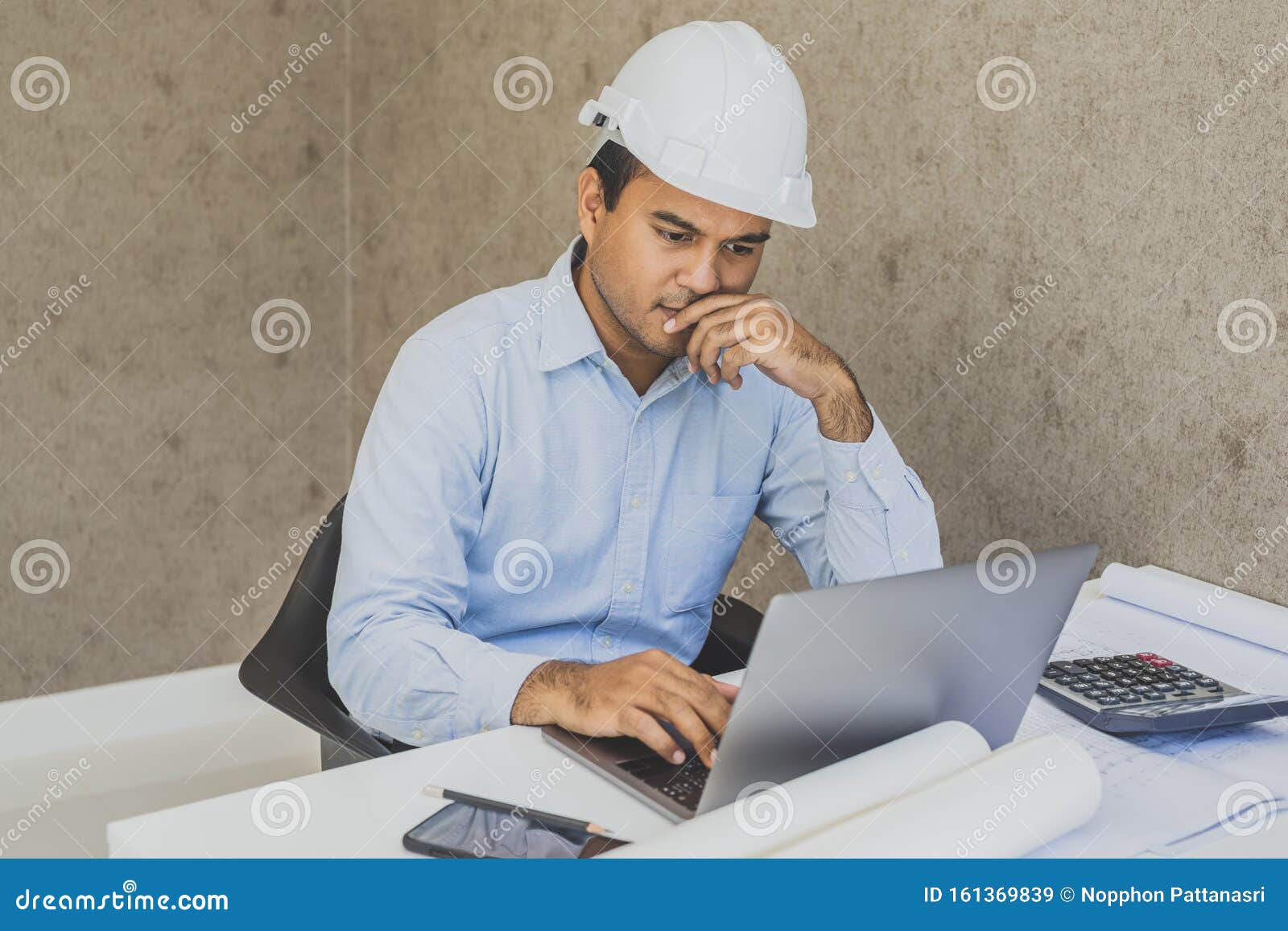 Asian Civil Engineer Working Planning Project with Laptop Stock Image ...
