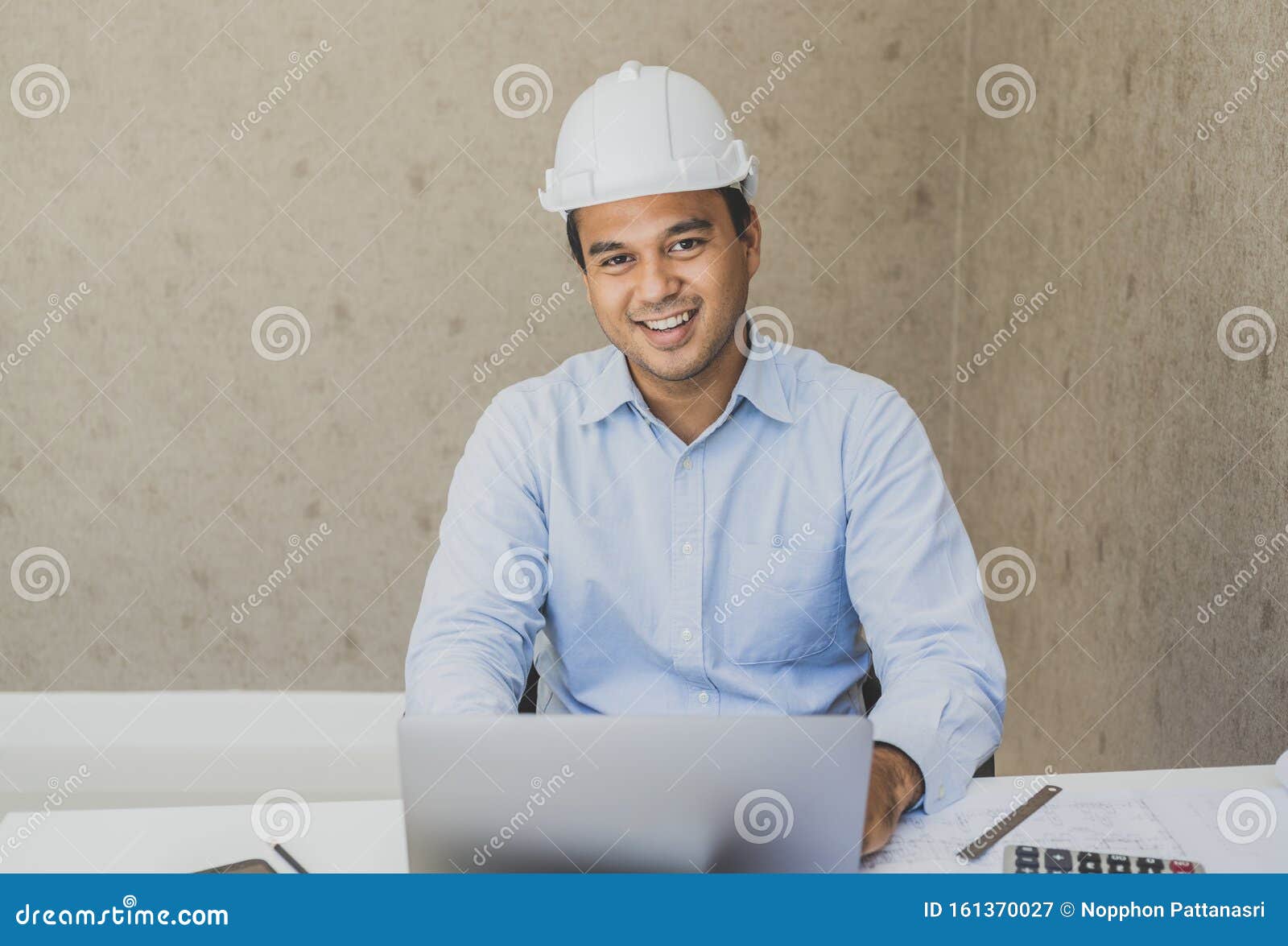 Asian Civil Engineer Working Planning Project with Laptop Stock Image ...