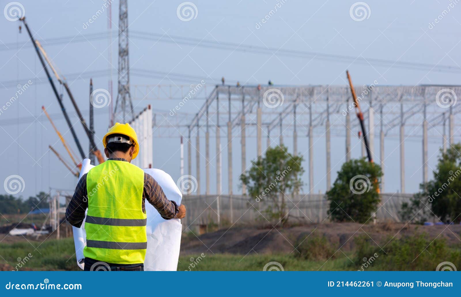 Construction Workers Check Drawings Plan Blueprint Stock Image - Image ...