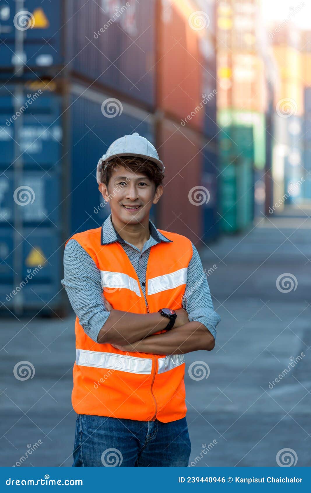 Asian Container Warehouse Worker. Foreman Control Loading Containers ...