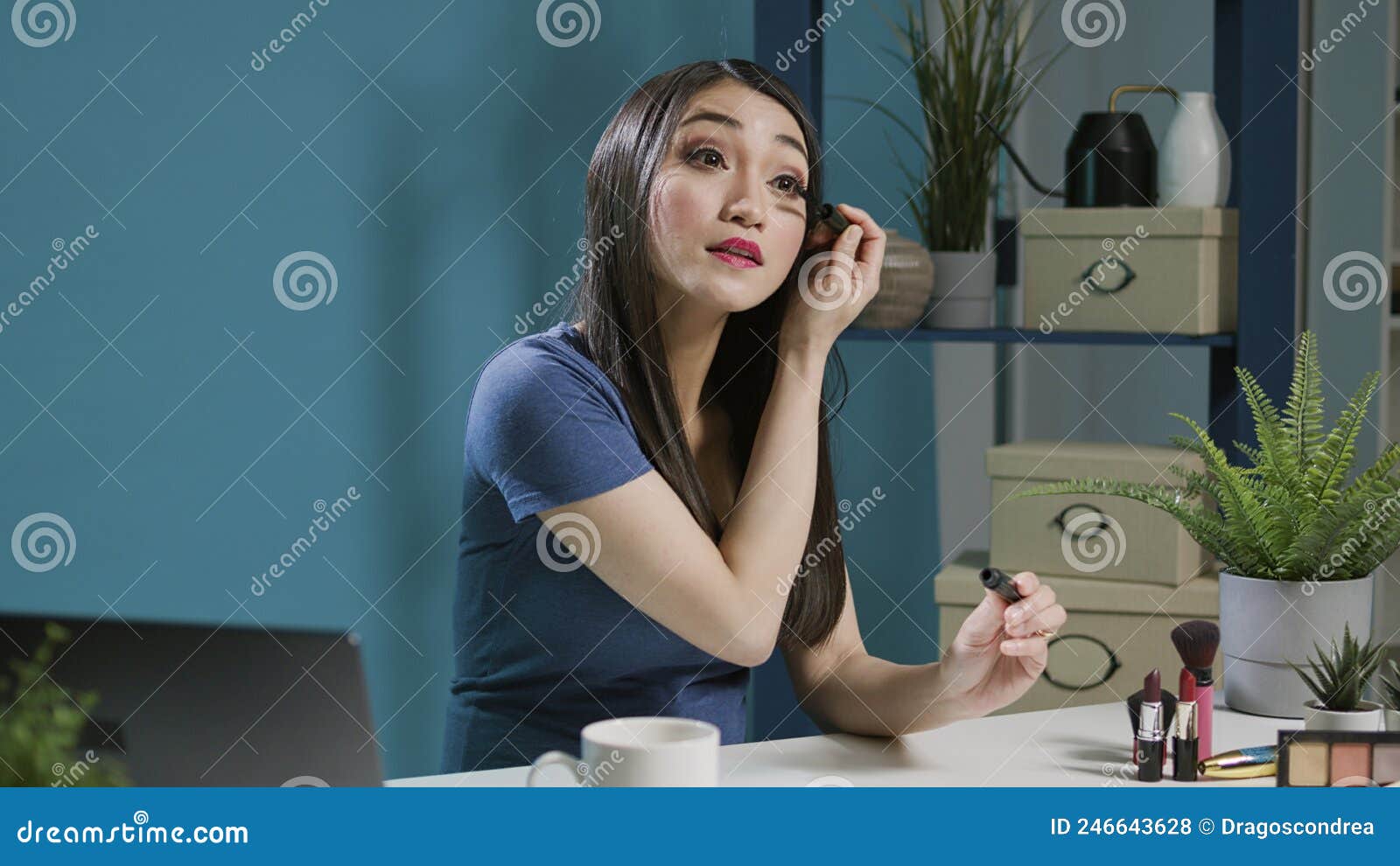 Asian Content Creator Testing Mascara Product on Vlogging Camera Stock ...