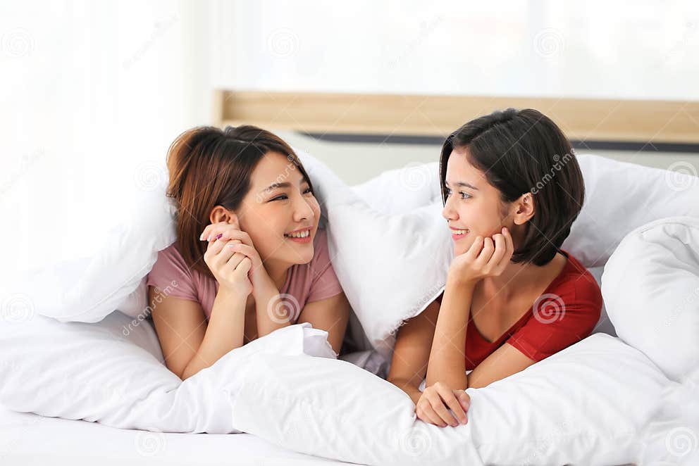 Asian Couple Lesbian Lgbt Hold Red Heart Of Love Romantic On Bed In