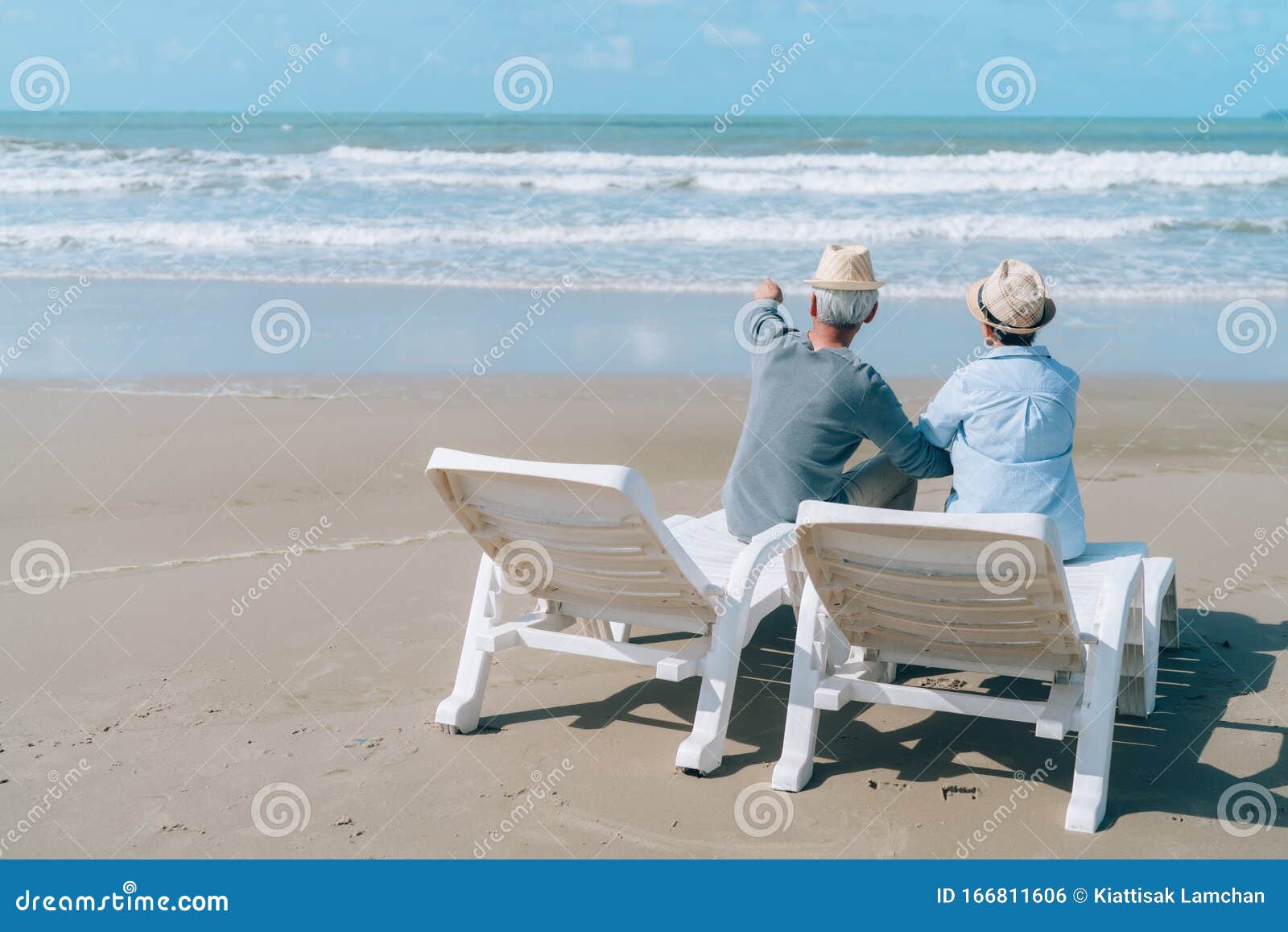 Asian Couple Senior Elder Retirement Resting At Beach Honeymoon Stock