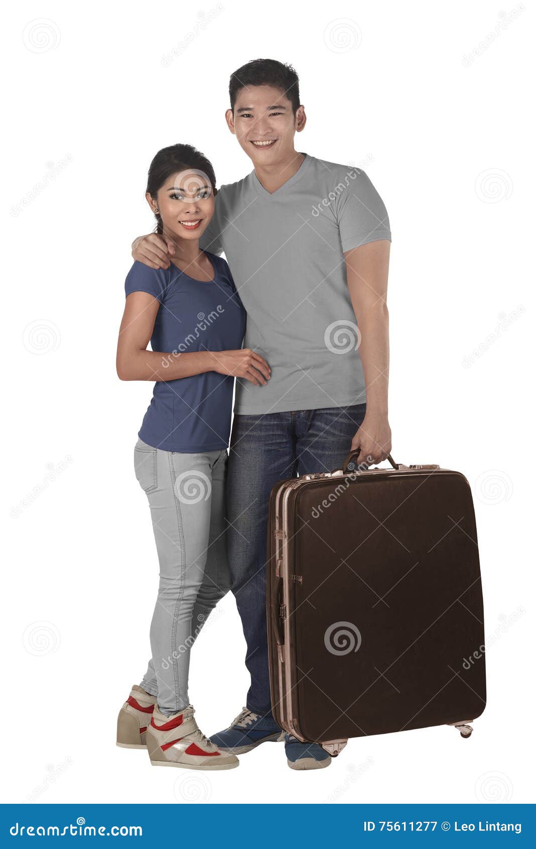 Asian Couple Standing Carry Suitcase Stock Image - Image of girl ...