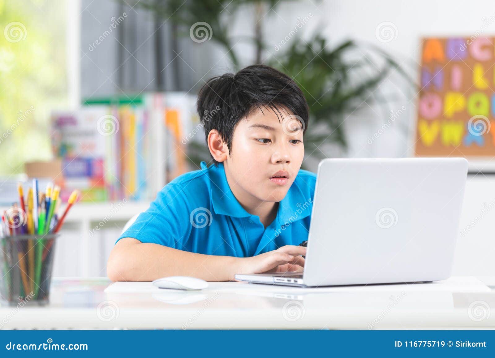 Asian Cute Boy Using Laptop Computer. Stock Image - Image of study ...