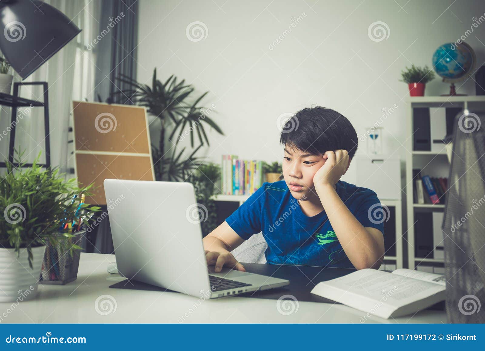 Asian Cute Boy Using Laptop Computer. Stock Photo - Image of homework ...