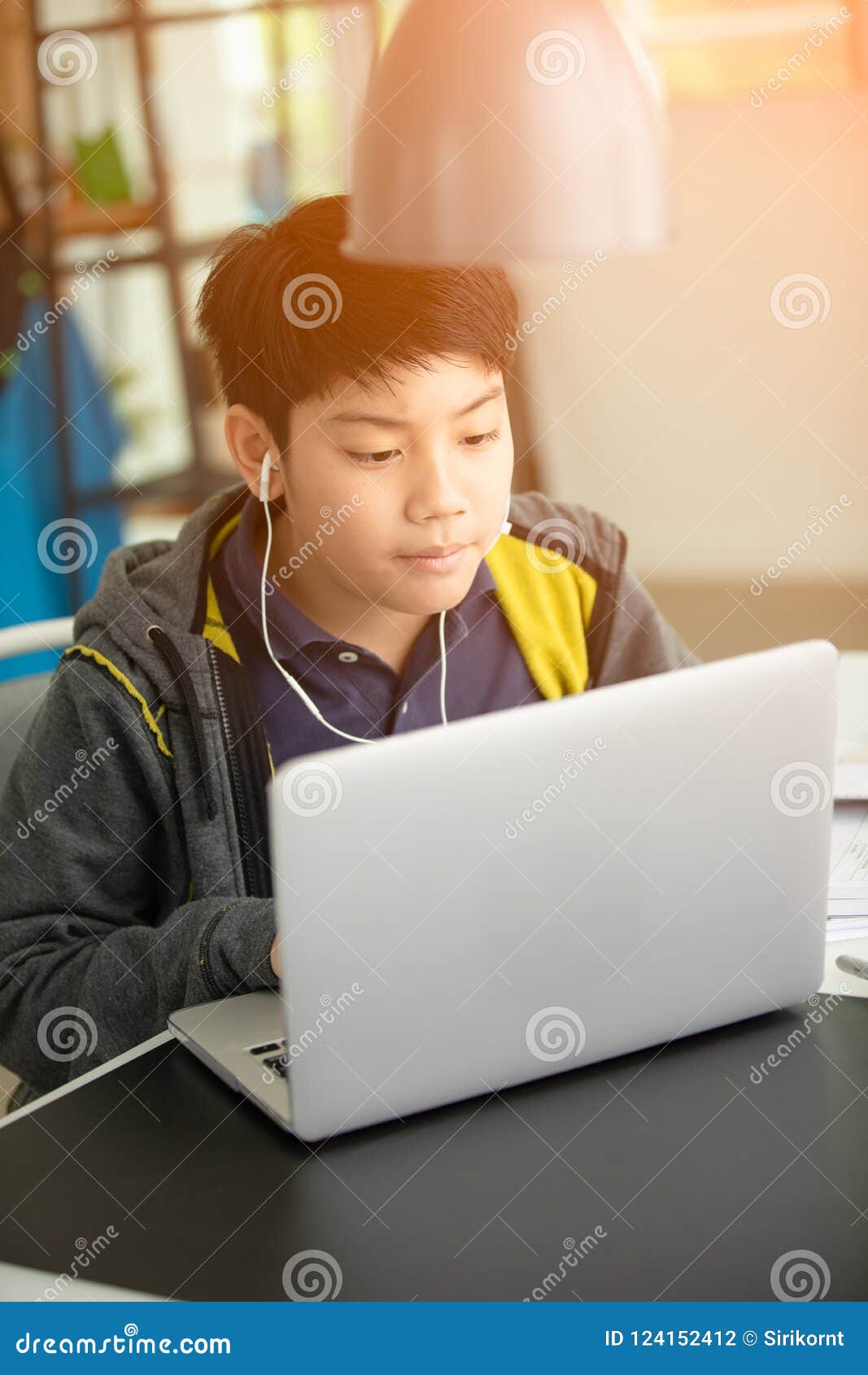 Asian Cute Boy Using Laptop Computer. Stock Photo - Image of person ...