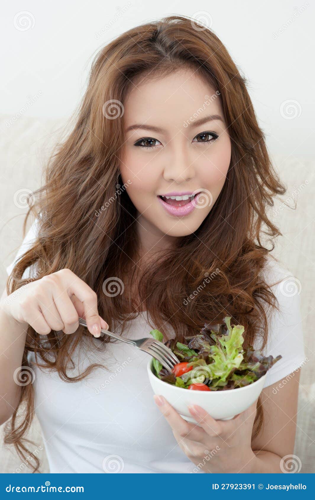 Asian Cute Girl Eating Salad Stock Image - Image of green, looking ...