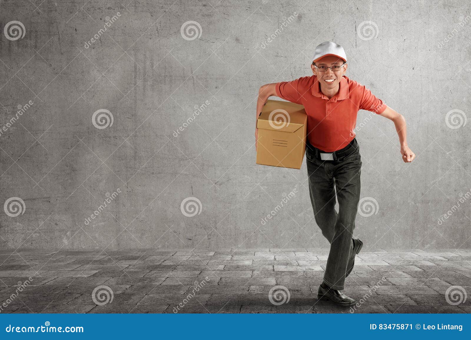 Asian Delivery Courier Holding Package Running Stock Image - Image of ...