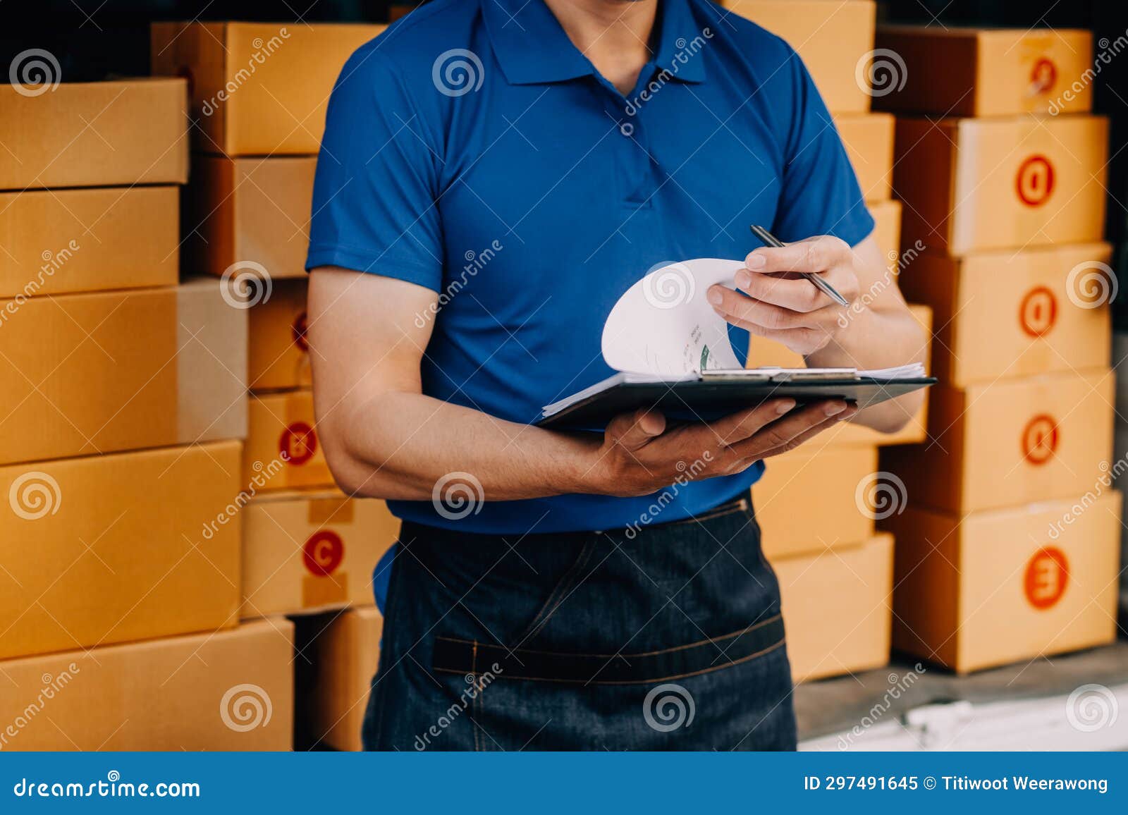 Asian Delivery Man in Cargo Van Checking Boxes Stock Image - Image of ...