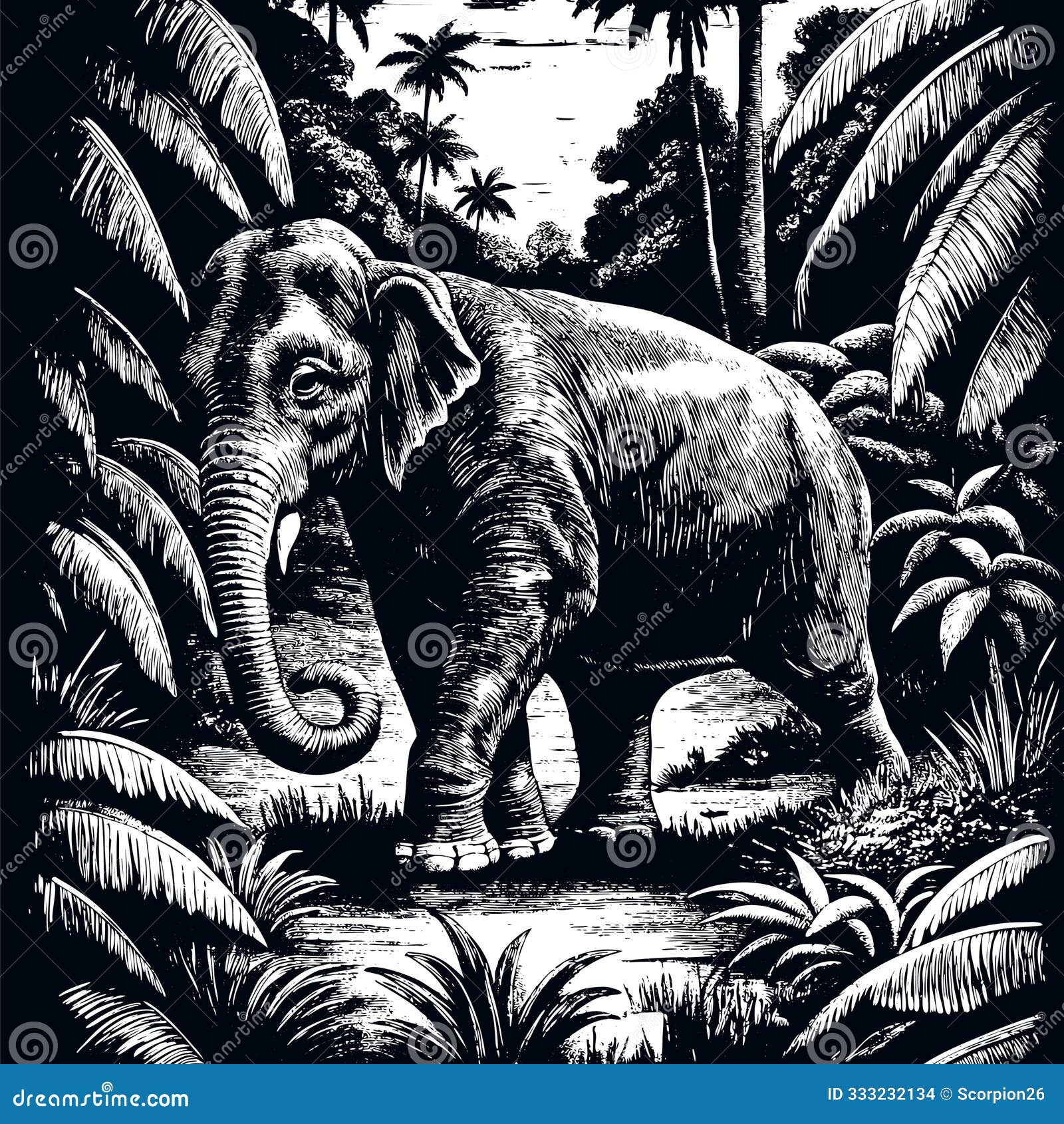 Asian Elephant in Jungle Engraved Vector Stock Illustration ...