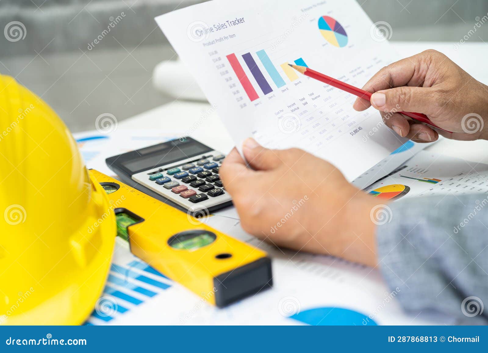 Asian Engineer with Architectural House Plan Project Blueprint, Graph ...