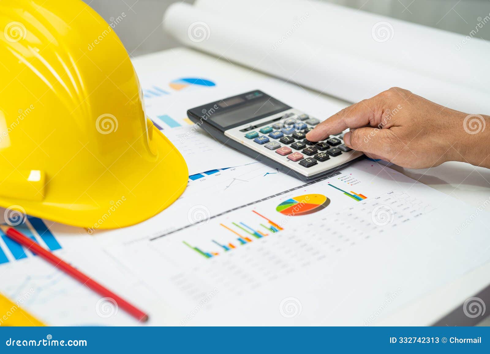 Asian Engineer with Architectural House Plan Project Blueprint, Graph ...