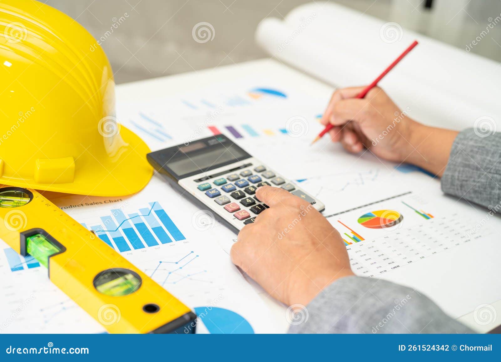 Asian Engineer with Architectural House Plan Project Blueprint, Graph ...