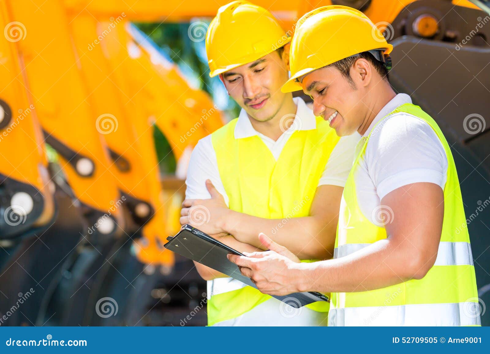 Asian Engineer Foreman Working Check List With Staff Worker In ...