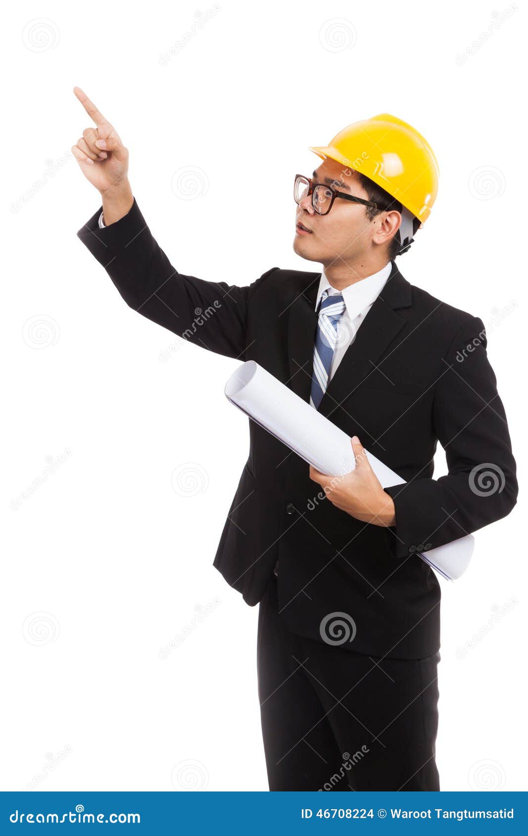 Asian Engineer Man Point Up with Blueprints Stock Photo - Image of hand ...