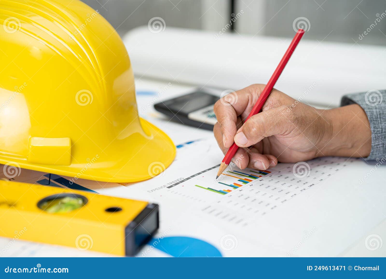 Asian Engineer with Plan Project Blueprint, Graph and Yellow Helmet and ...