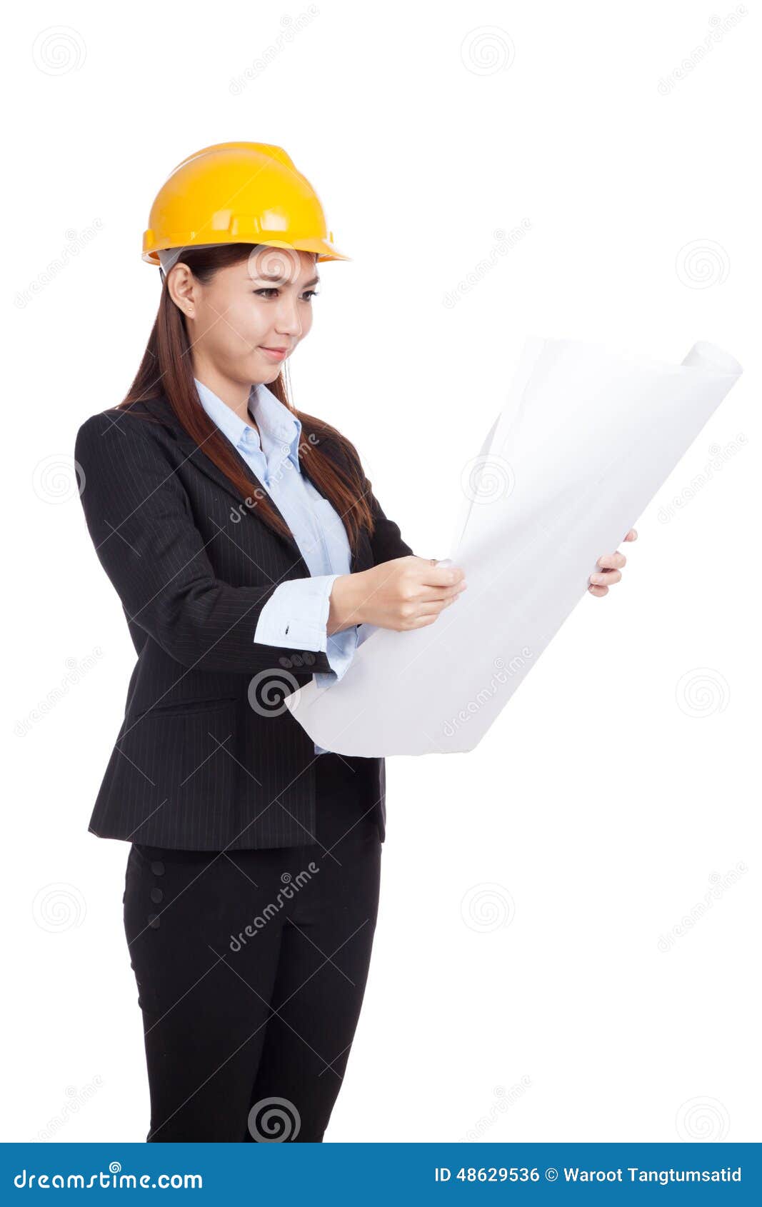 Asian Engineer Woman with Blueprints Stock Photo - Image of asian ...