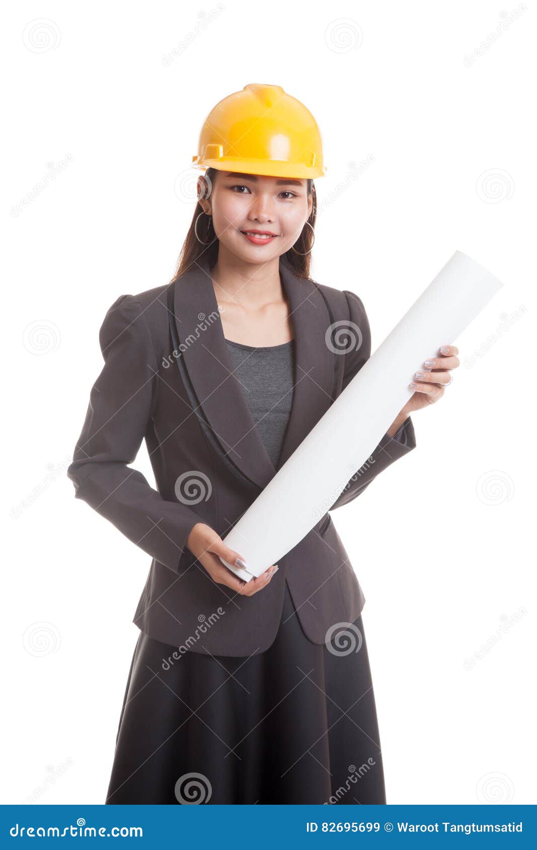 Asian Engineer Woman with Blueprints. Stock Image - Image of architect ...