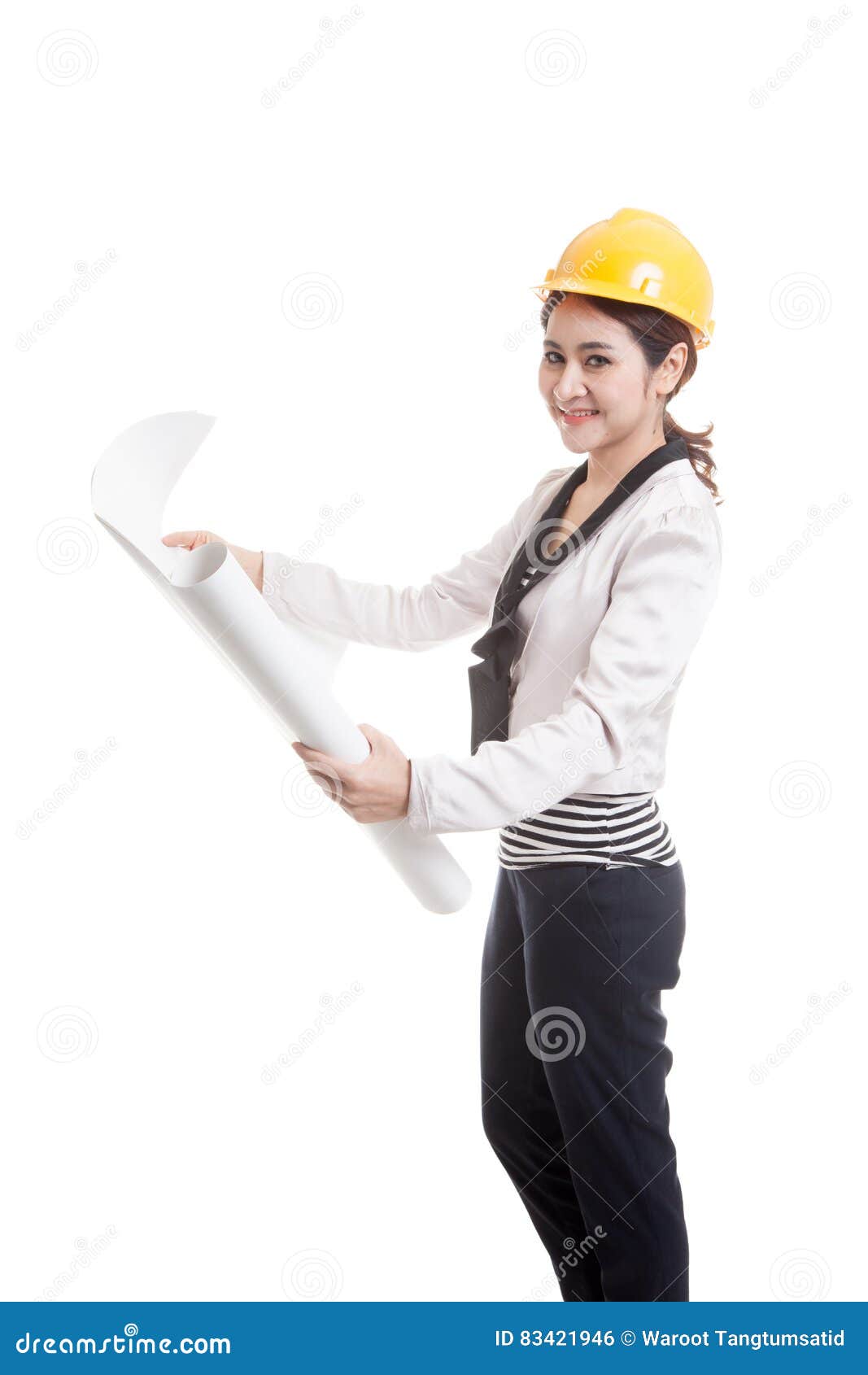 Asian Engineer Woman with Blueprints. Stock Photo - Image of good ...