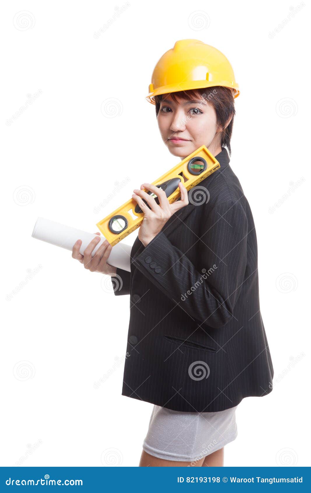 Asian Engineer Woman with Blueprints and Level. Stock Photo - Image of ...