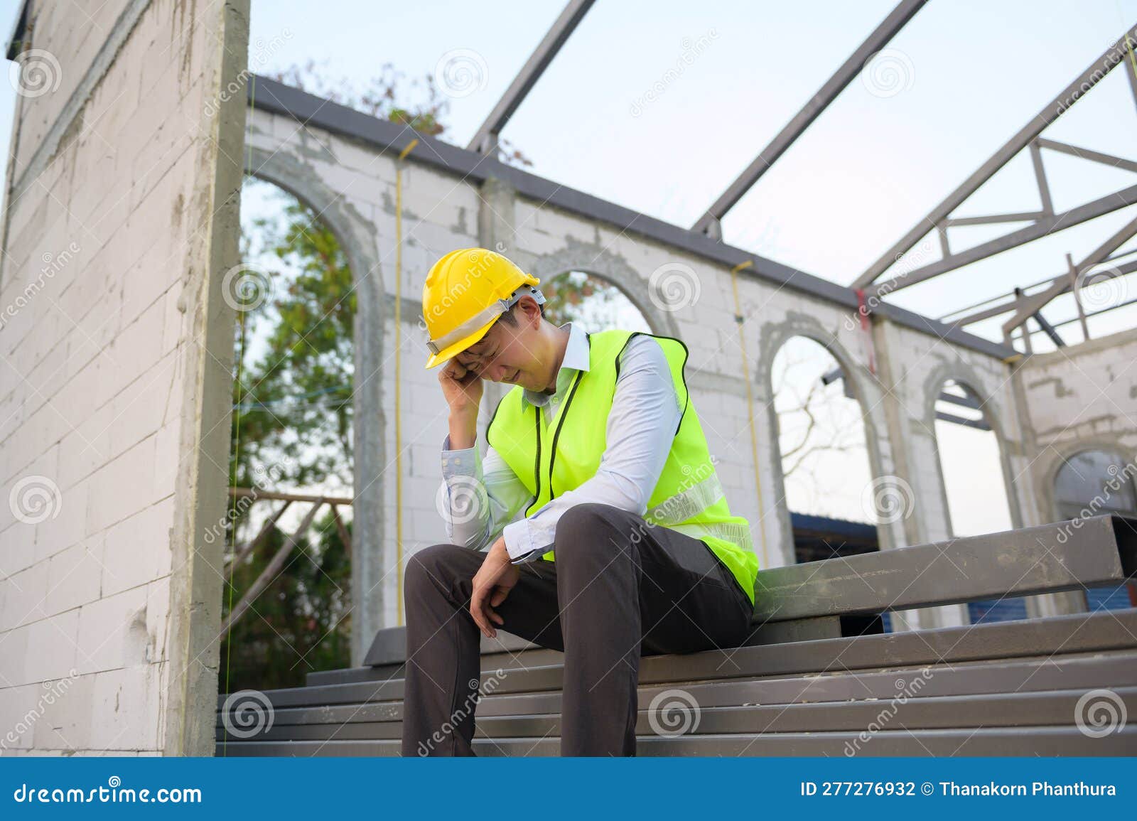 Asian Engineering Man with Safety Helmet Feeling Sad in Construction ...