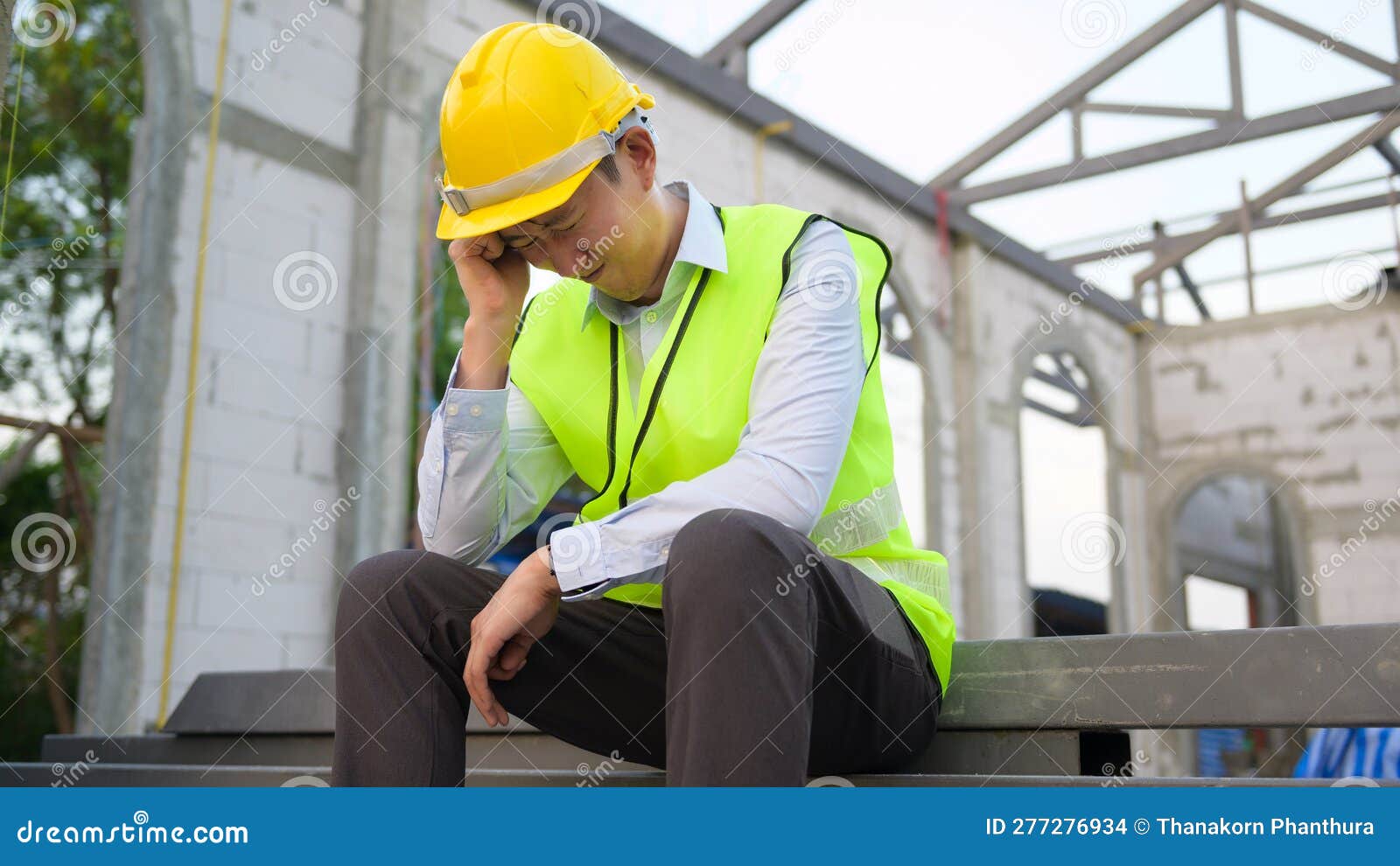 Asian Engineering Man with Safety Helmet Feeling Sad in Construction ...