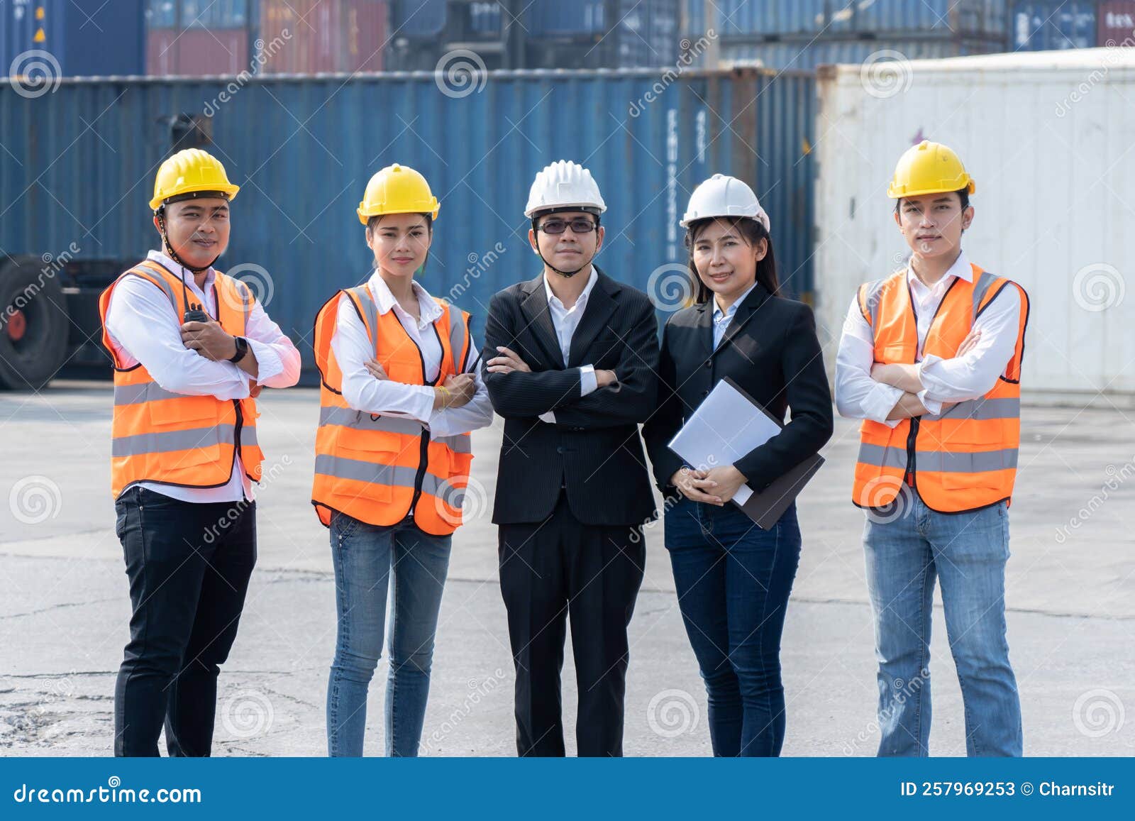 Asian Engineering Workers at Cargo Container Site Stock Image - Image ...
