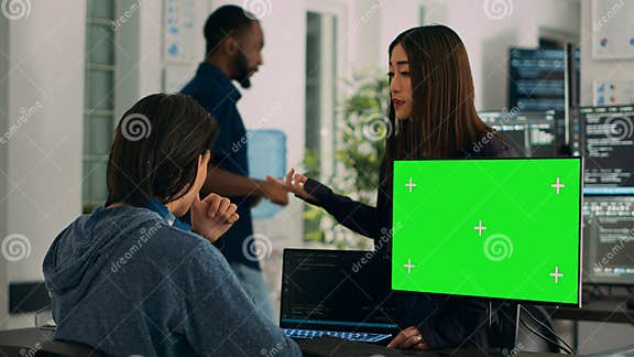 Asian It Engineers Analyzing Greenscreen On Computer And Coding Database Stock Image Image Of