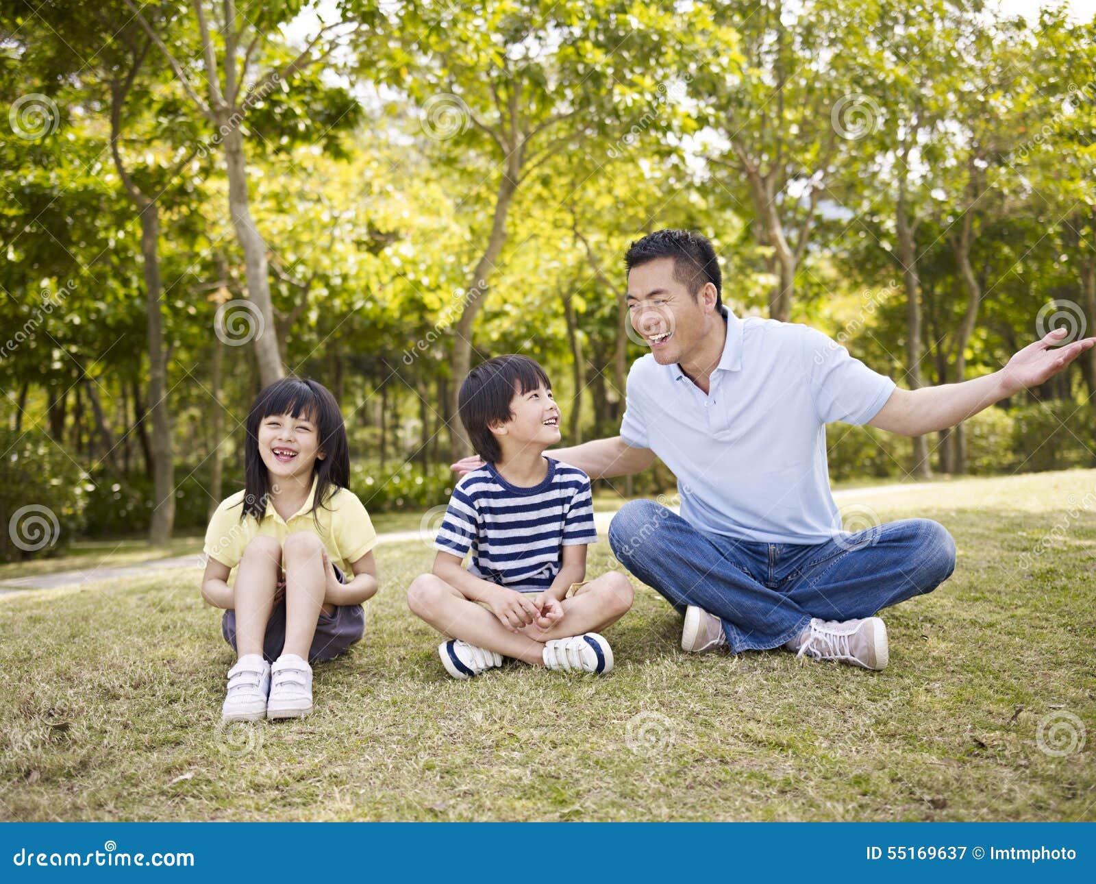 Asian Father and Children Talking in Park Stock Image - Image of good ...