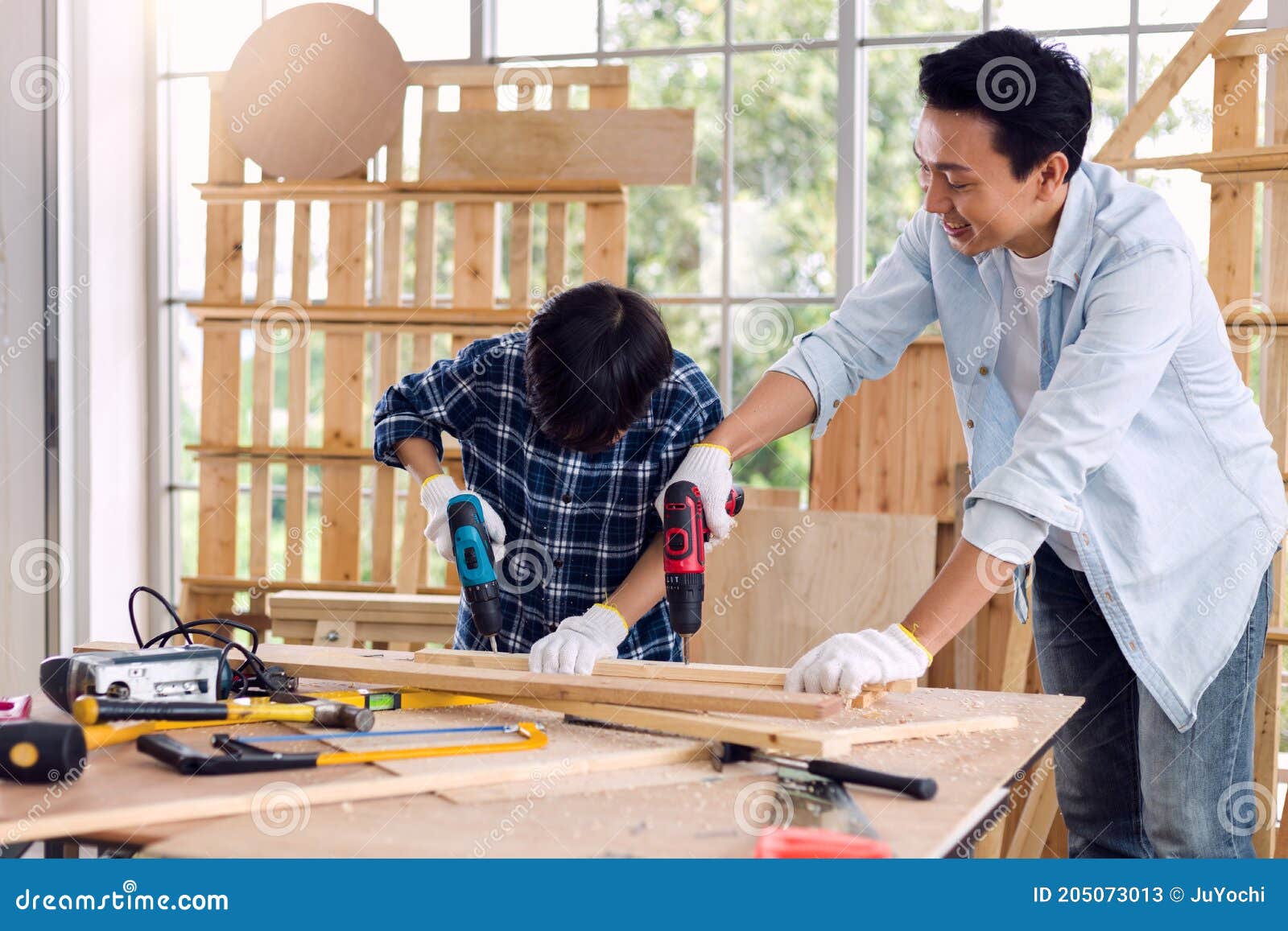 Asian Father and Son Work in Carpentry at Home Stock Image - Image of ...