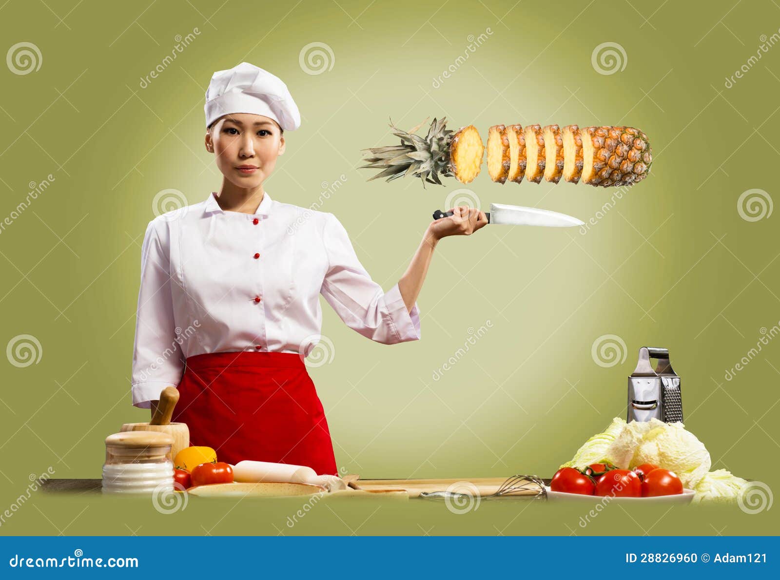 Asian Female Chef Cuts Pineapple Stock Photo - Image of cutting ...