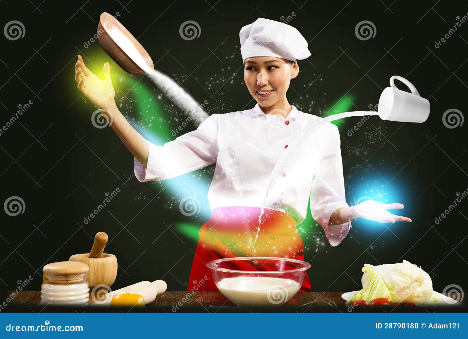 Asian Female Chef in the Kitchen Conjures Stock Photo - Image of cook ...