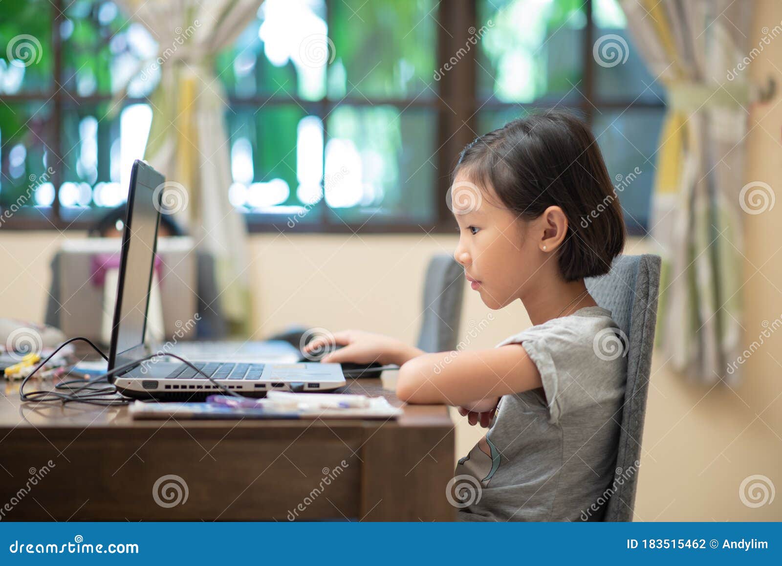 Asian Female Child Doing Online Learning or E-learning at Home Stock ...