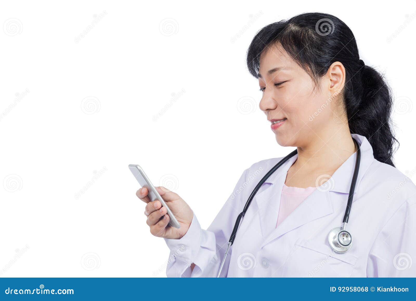 Asian Female Doctor Using Mobile Phone Stock Photo - Image of browsing ...