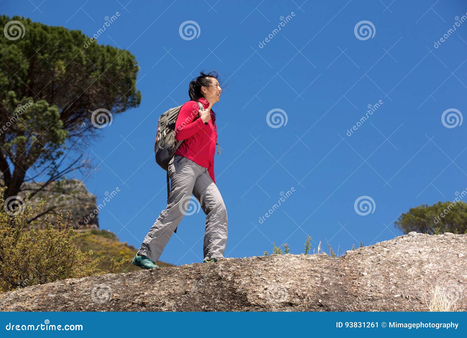 Asian Female Hiker Walking Over the Cliff with Backpack Stock Image ...