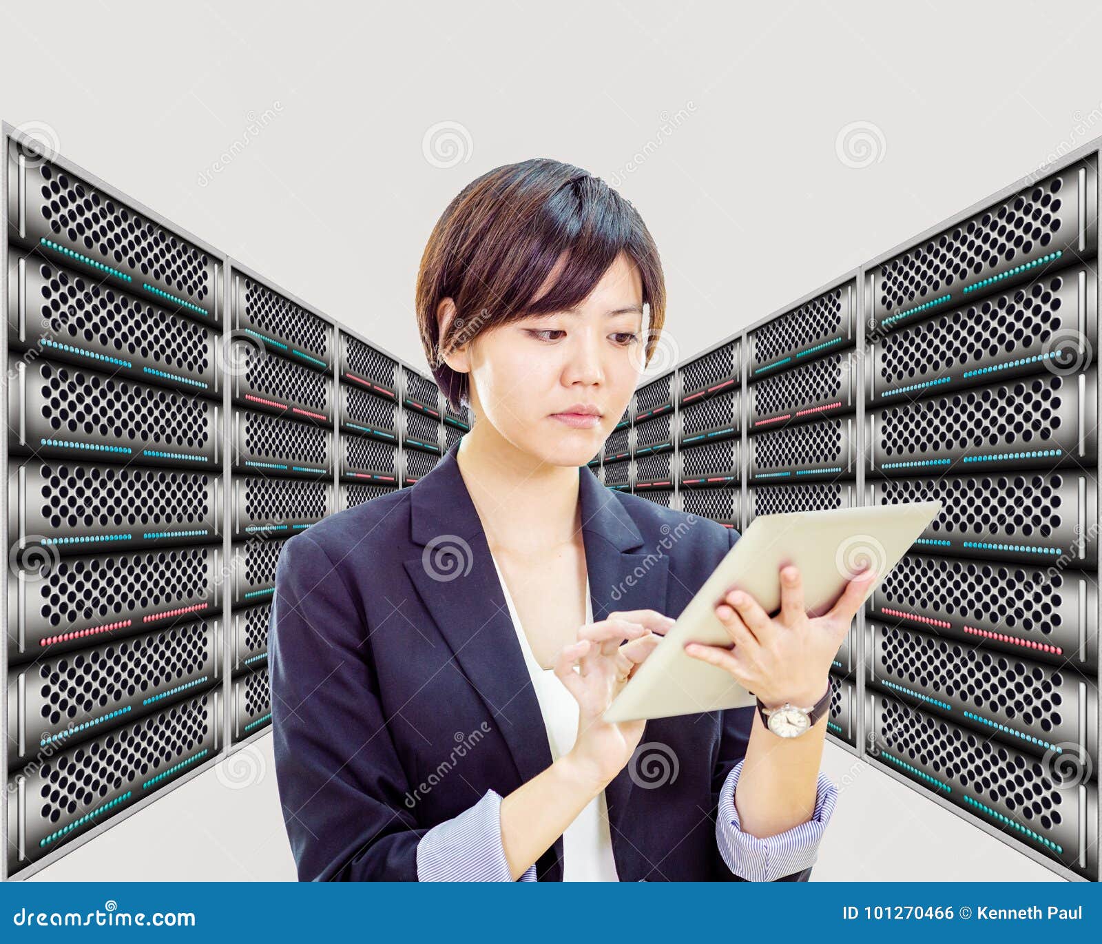 Asian Female Network Engineer in Server Room, Original Design Elements ...