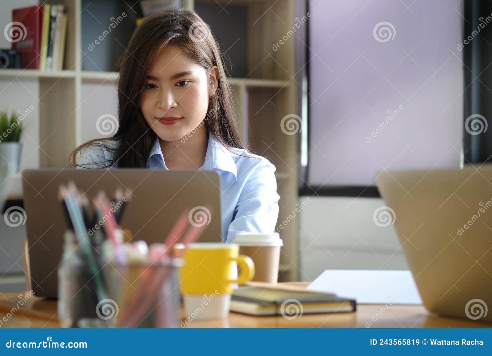 Asian Female Office Worker Using Laptop Computer at Comfortable ...