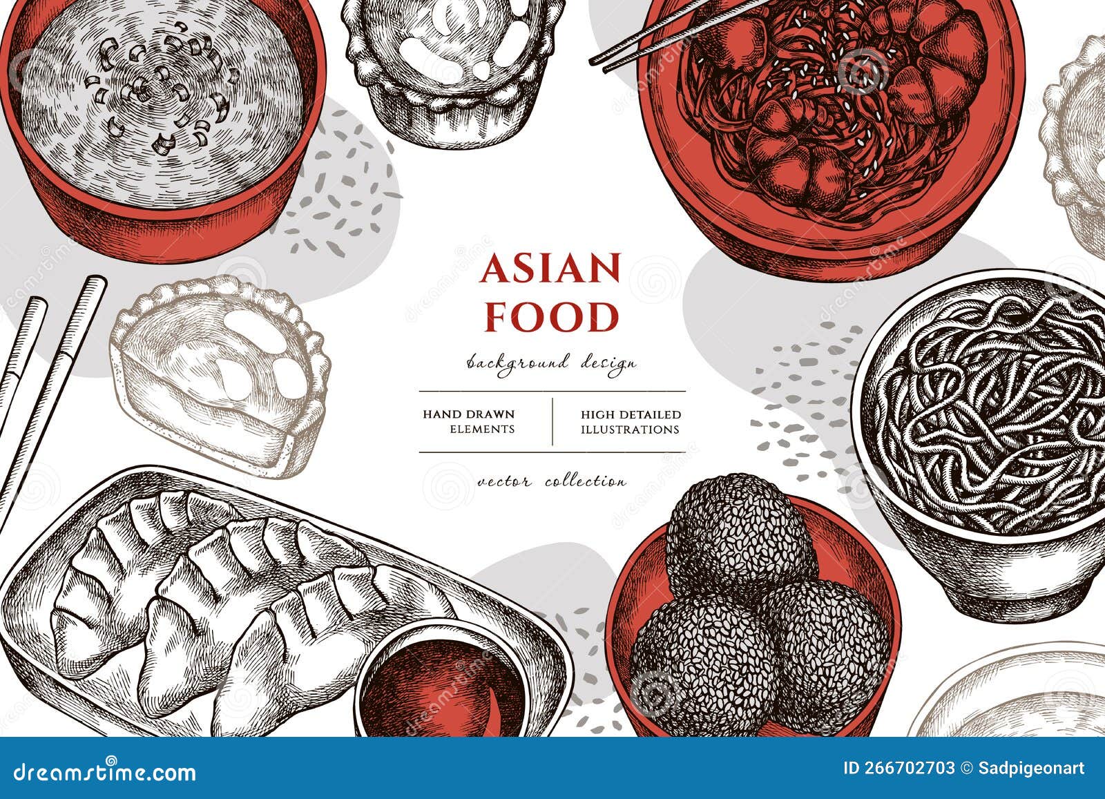 Asian Food Hand Drawn Illustration Design. Background With Vintage ... Asian Food Hand Drawn Illustration Design. Background With Vintage ...