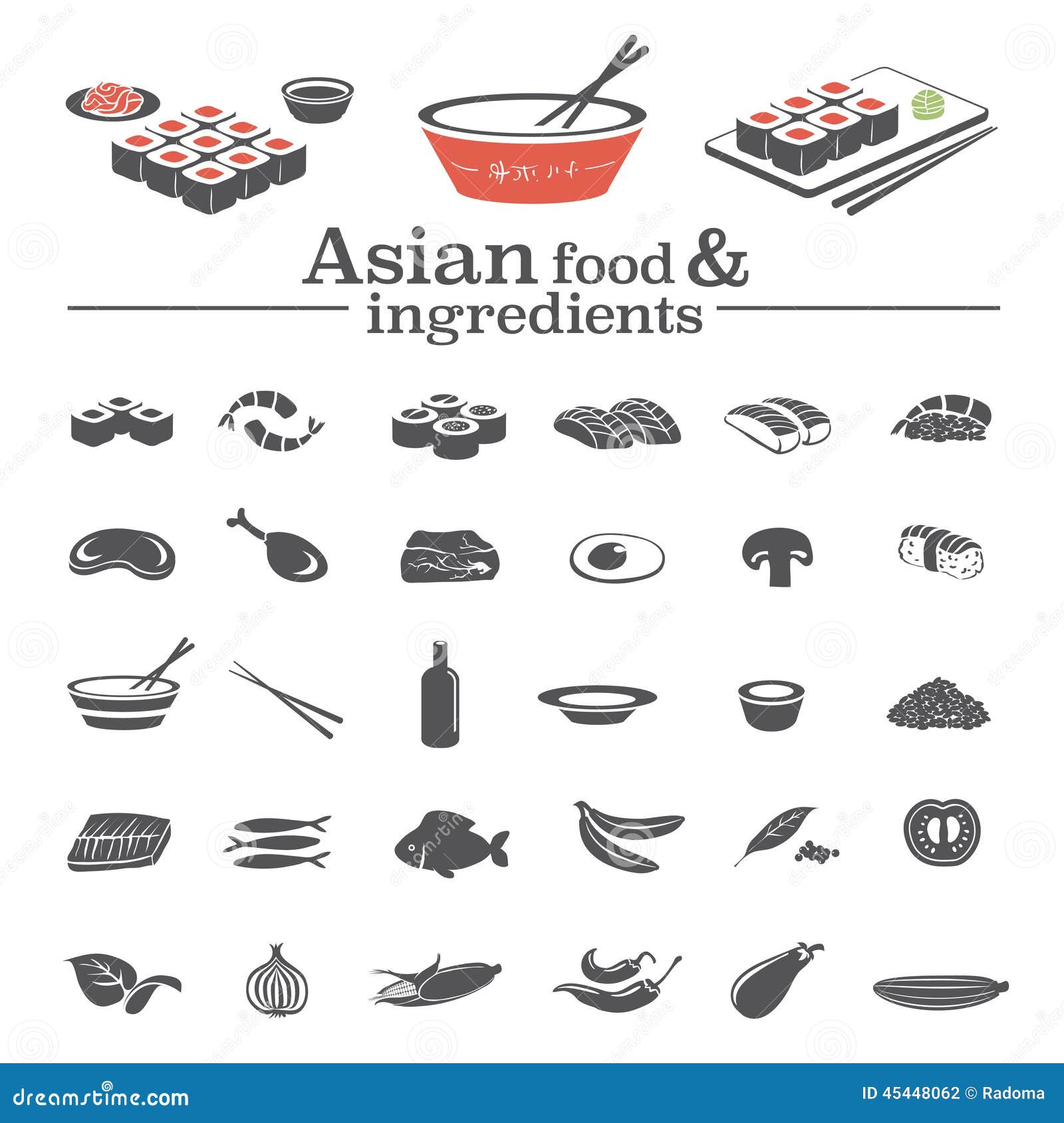 Asian Food Icons & Ingredients Stock Vector - Illustration of ...