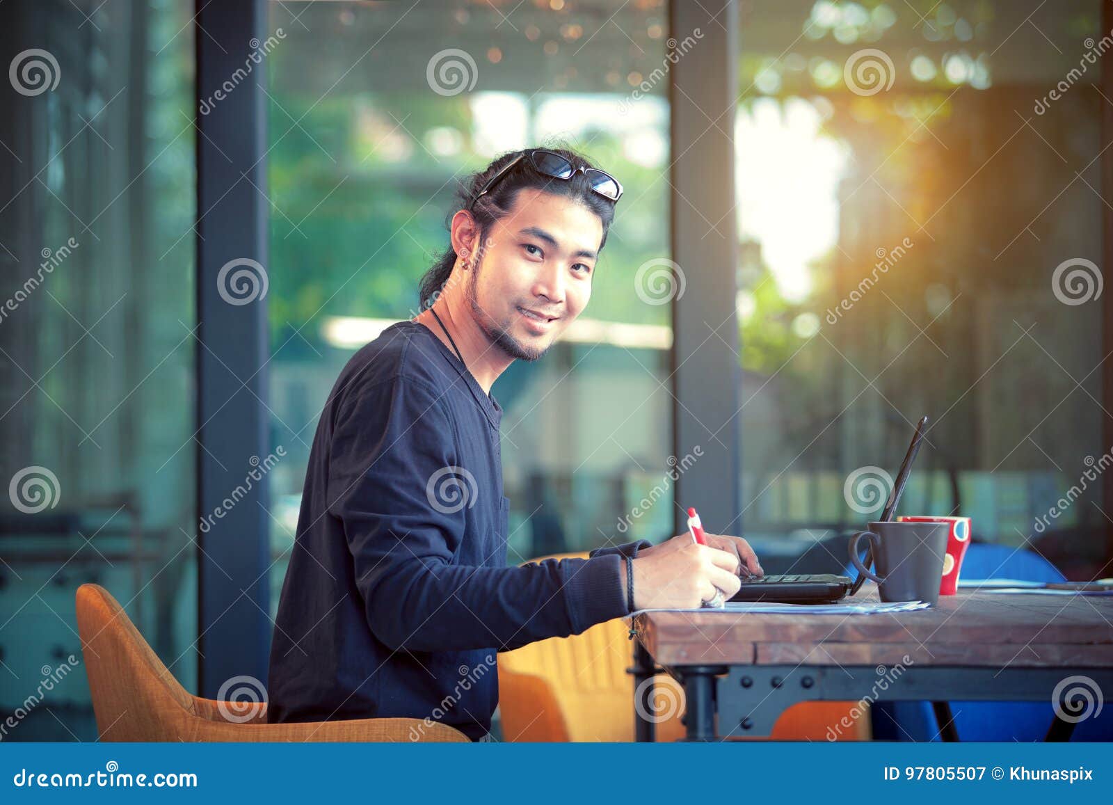 Asian Freelance Man Working on Computer Laptop Toothy Smiling Fa Stock ...