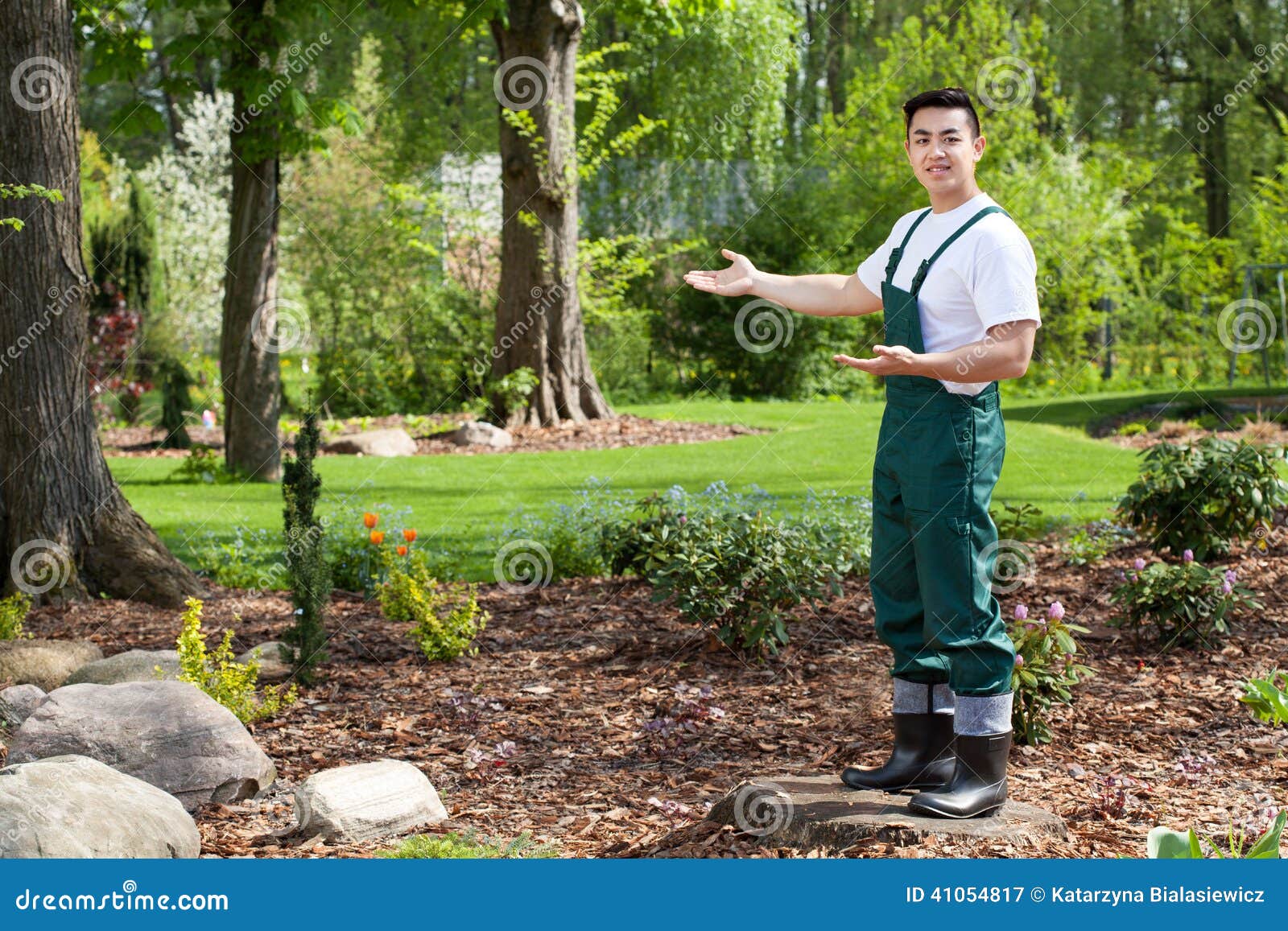 Asian Gardener Presenting Beautiful Garden Stock Image - Image of ...