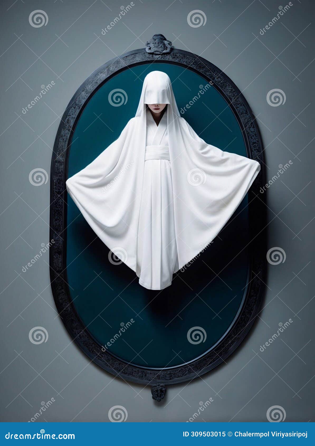 An Asian Ghost Wearing a White Robe Comes Out of the Mirror. Stock ...