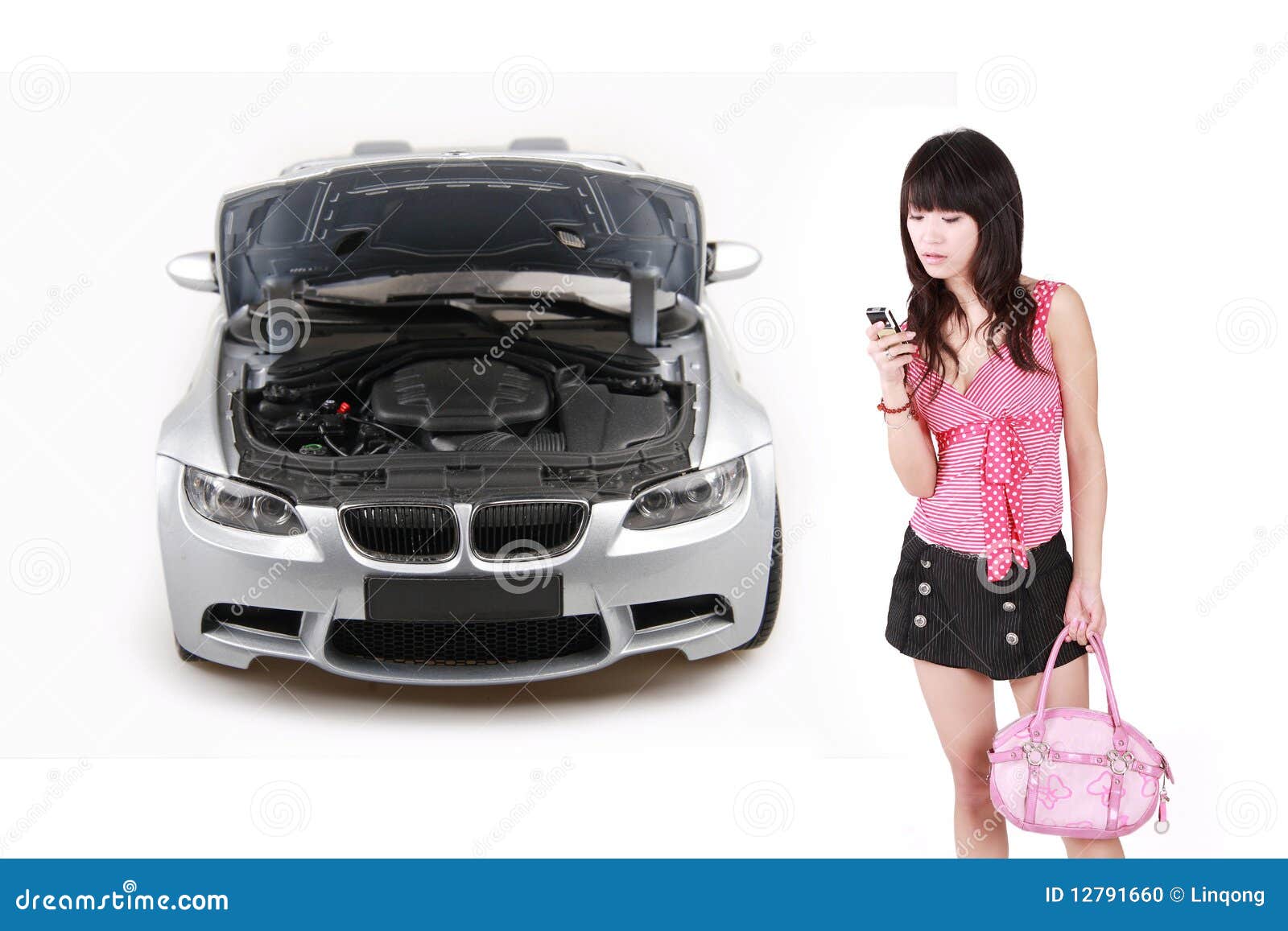 Asian Girl with Breakdown Car. Stock Photo - Image of hood, thoughtful ...